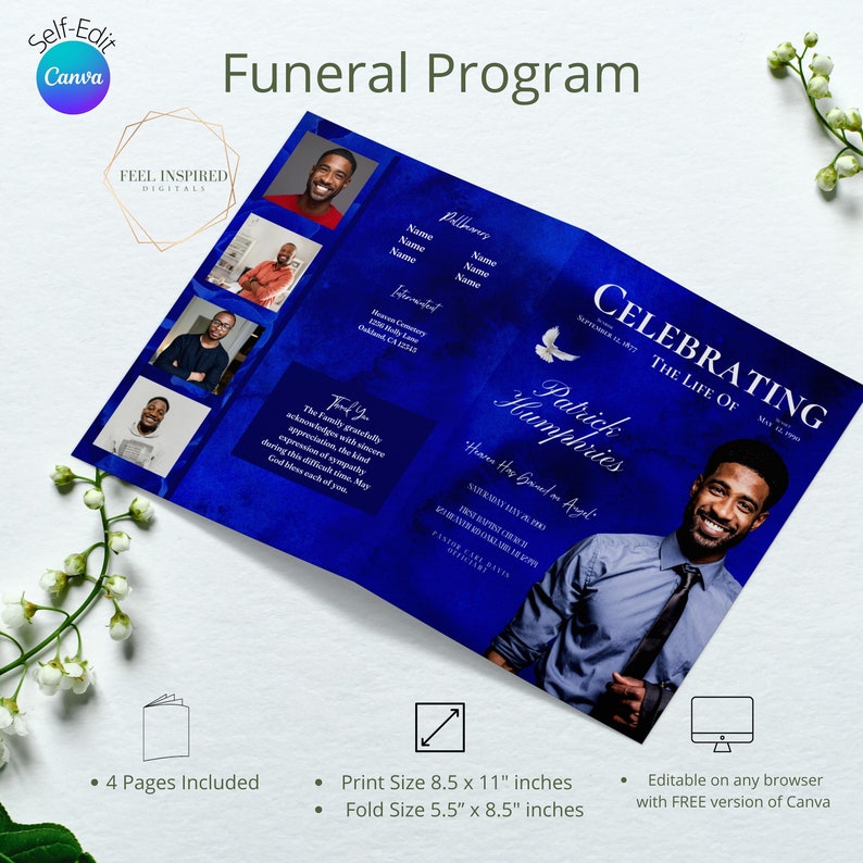 4 Page Royal Blue Funeral Program With Red Roses With Gold. Size 8.5x11 ...