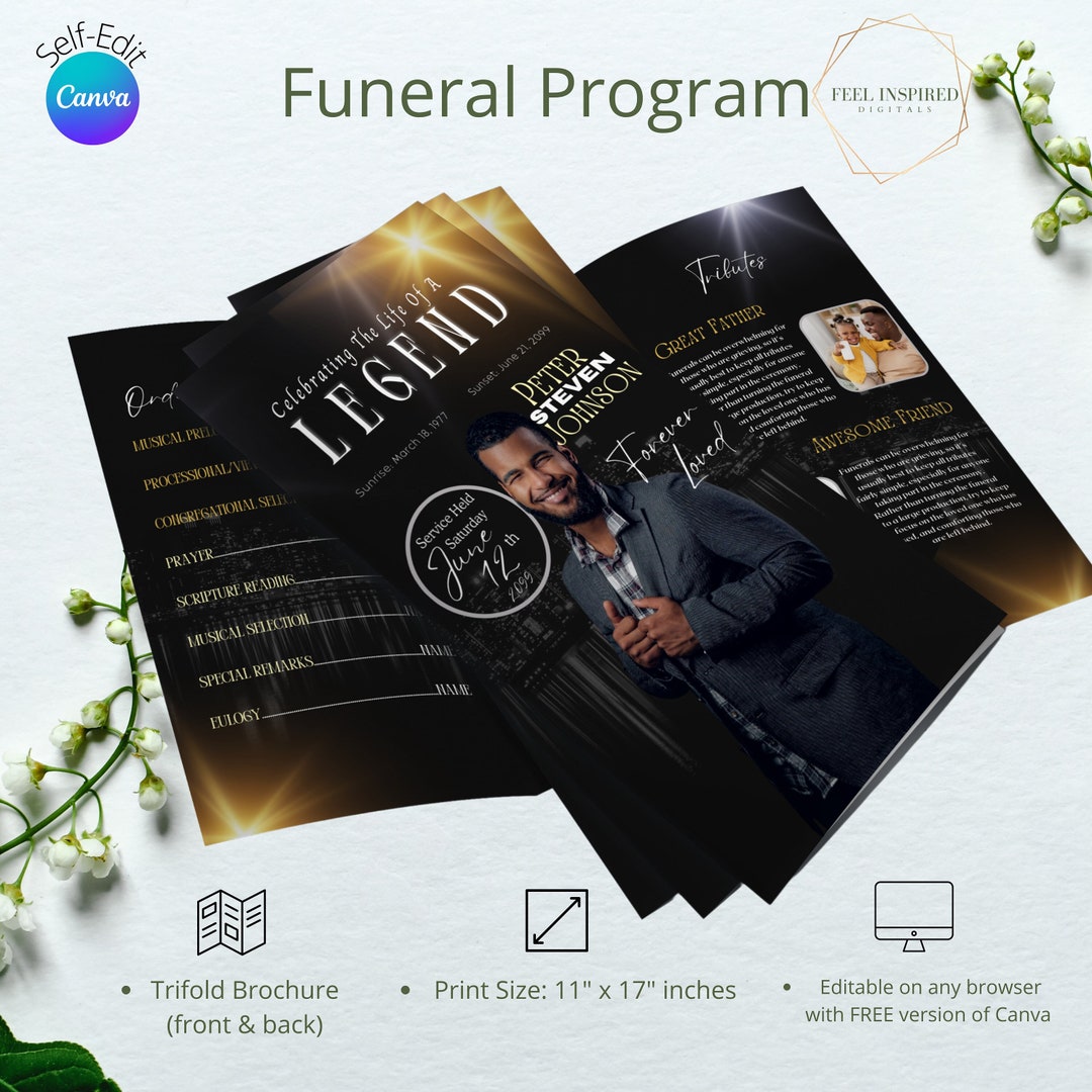 Trifold Black Legend Magazine Style Funeral Memorial Program | Canva ...