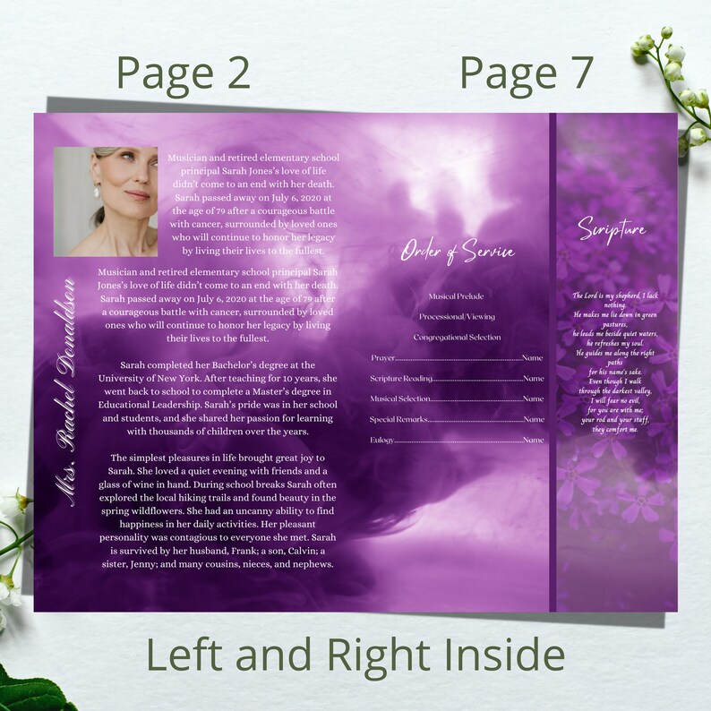8 Page Purple Funeral Program. Canva Template Size 17x11. - Etsy