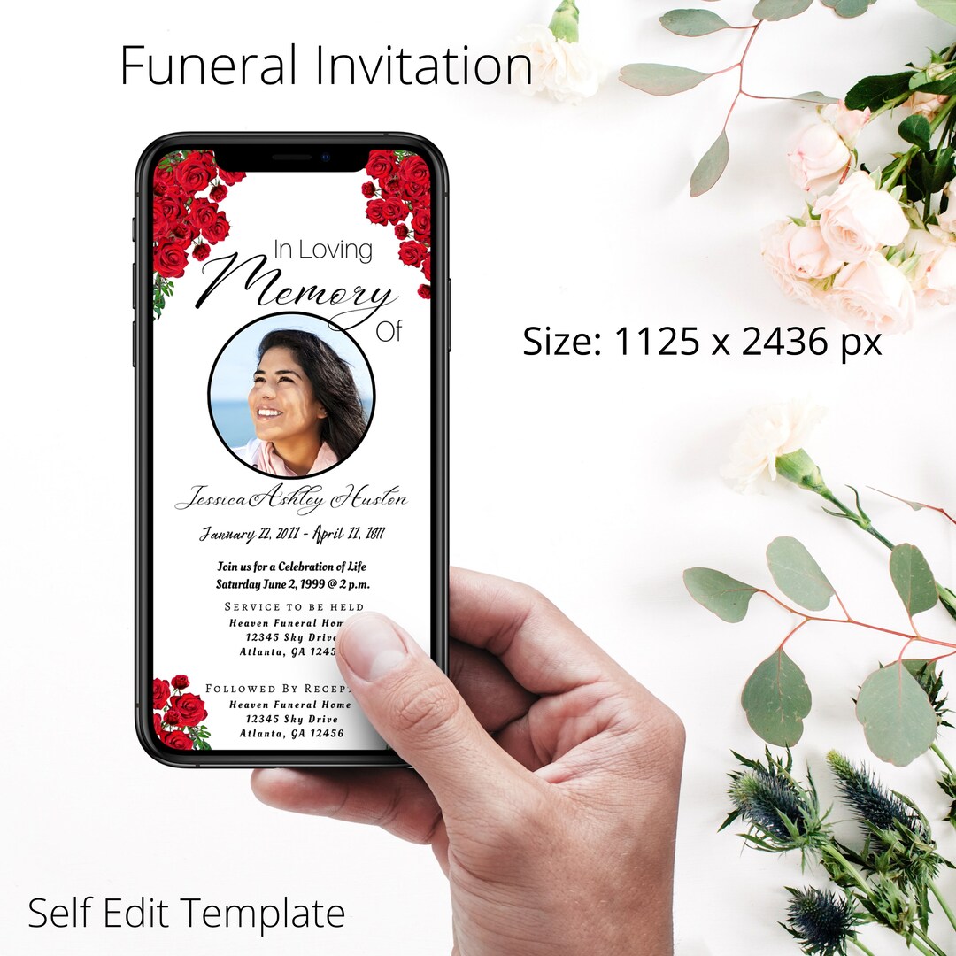 Red Roses Funeral Text Invitation. Canva Template. in Loving Memory ...