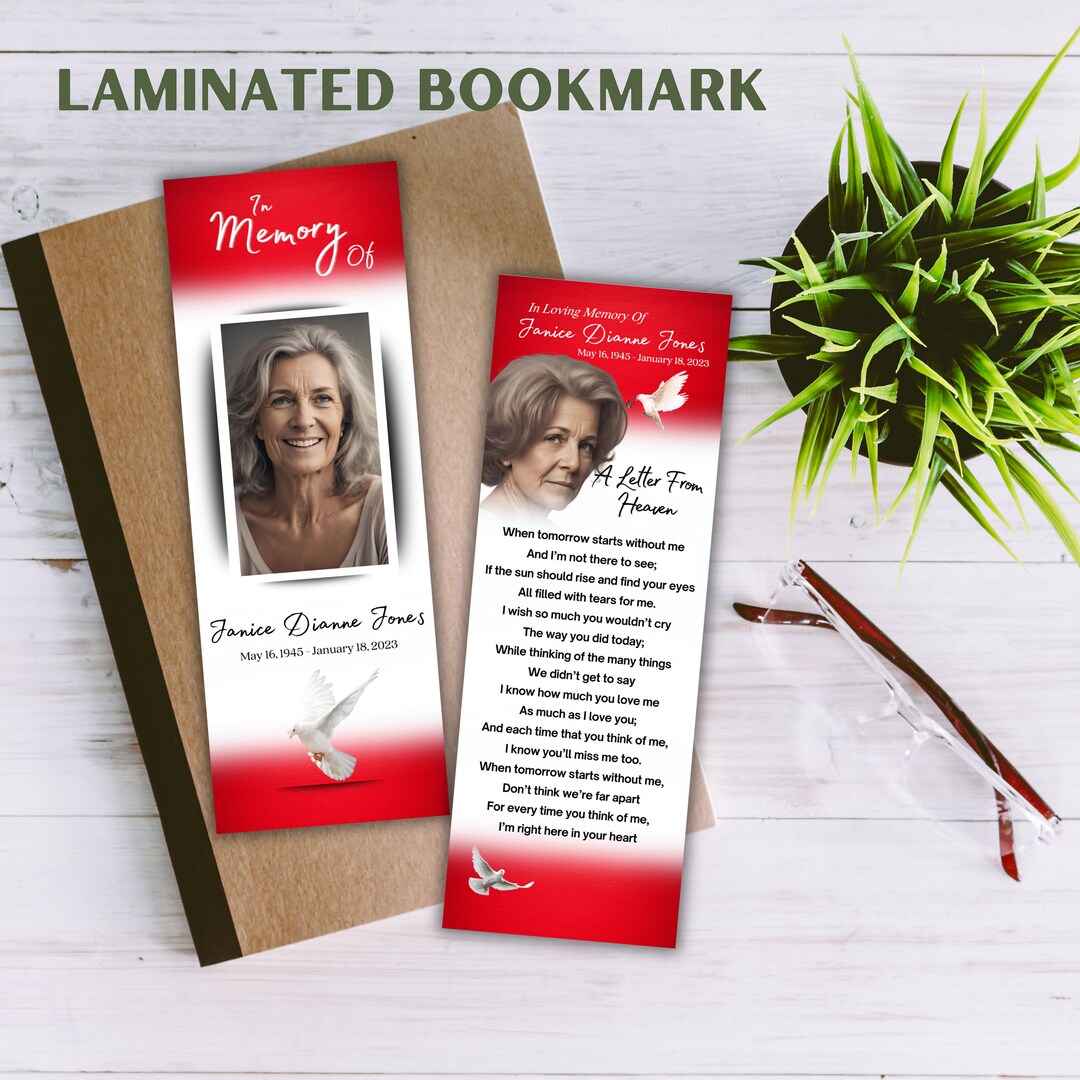 Personalized Bookmark Picture Memorial | Red and White With Doves ...