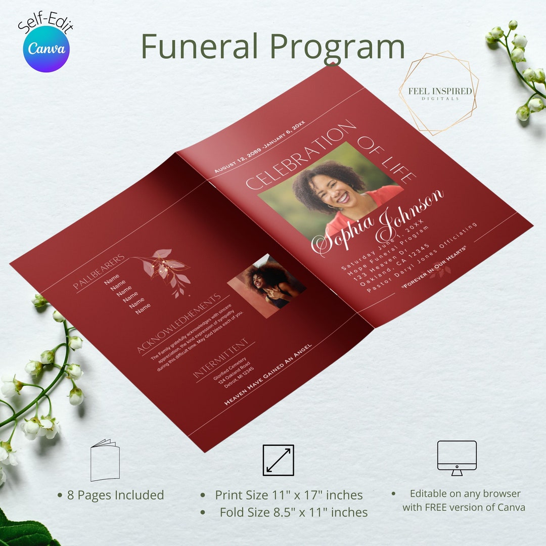 Red Modern Funeral Program, Tabloid 8 Page Template, Obituary, Magazine ...