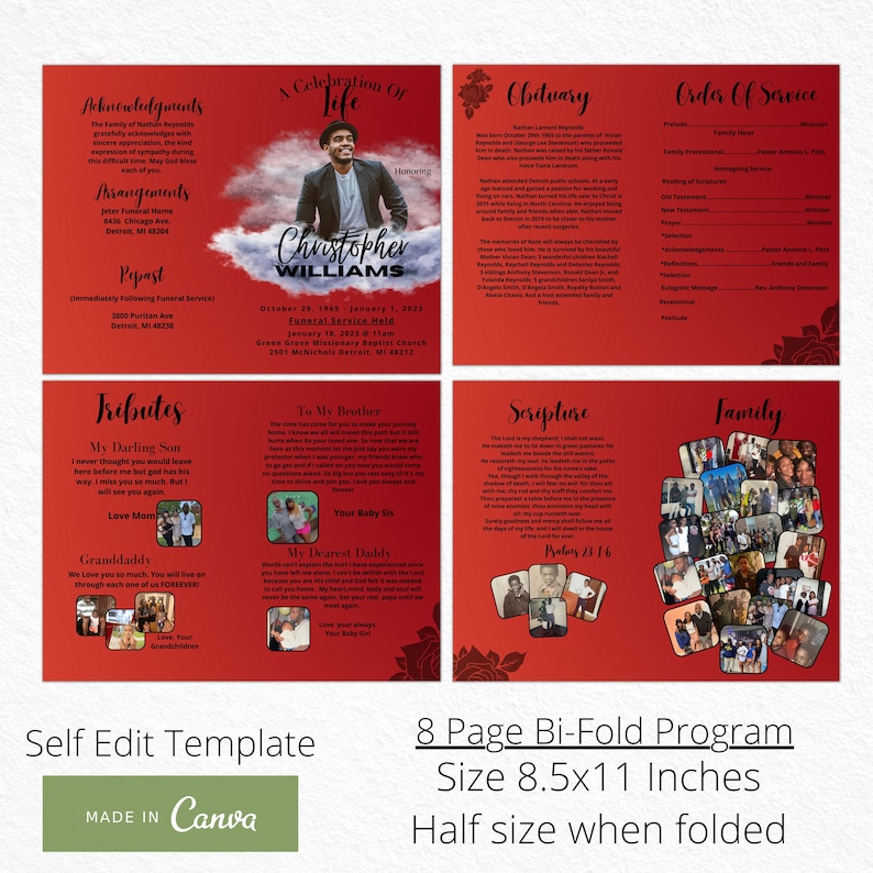 8 Page Red Funeral Program Size 8.5x11 Inches. Memorial - Etsy