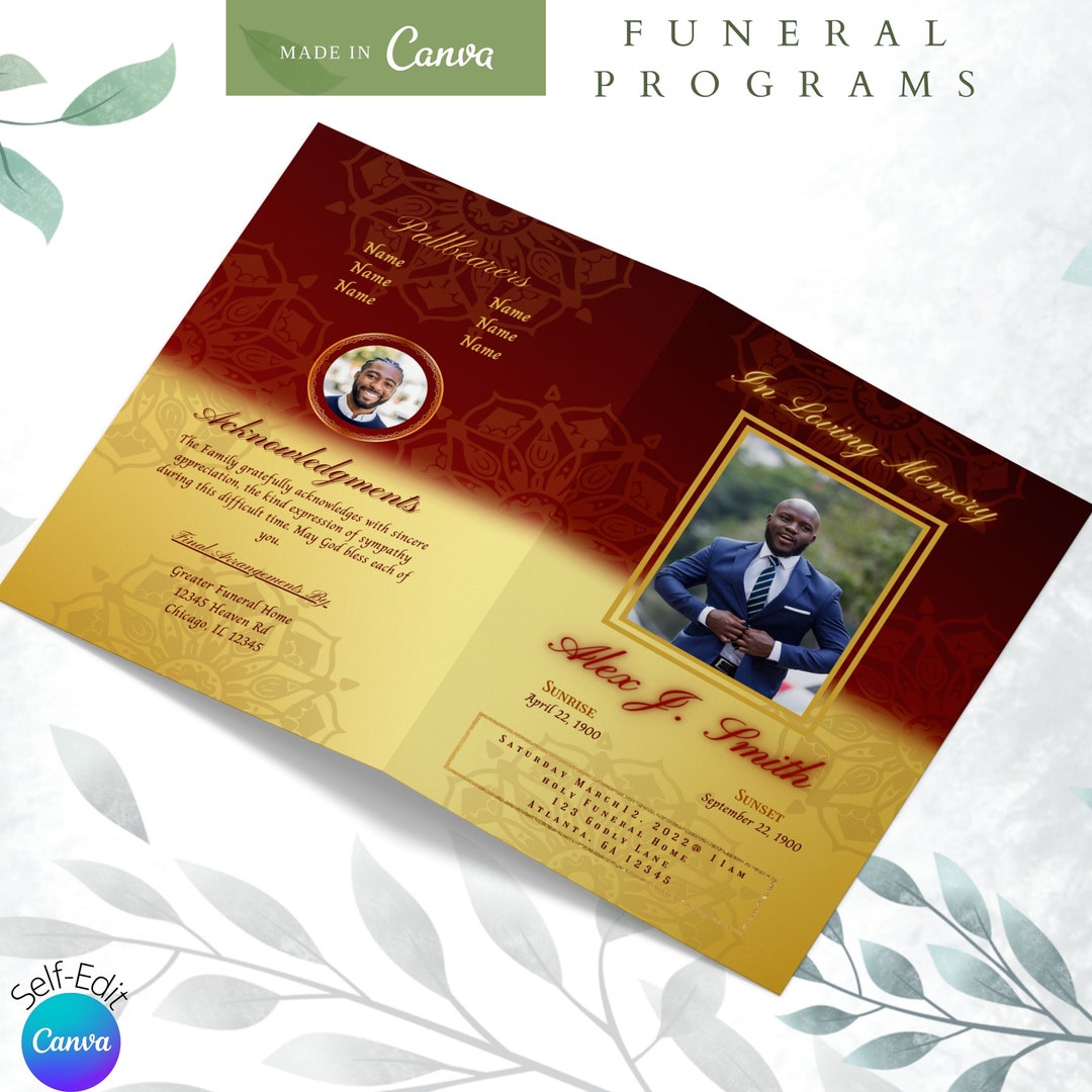 Red and Gold Tabloid Funeral Program. Canva Template. 8 Pages Magazine ...