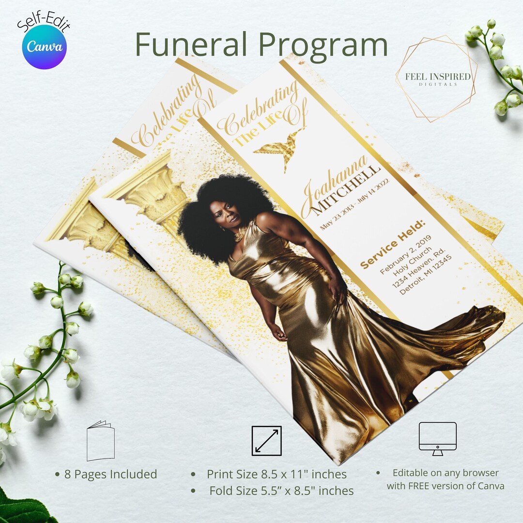 4 Page Royalty Gold Funeral Program Elegant Style Celebration of Life ...