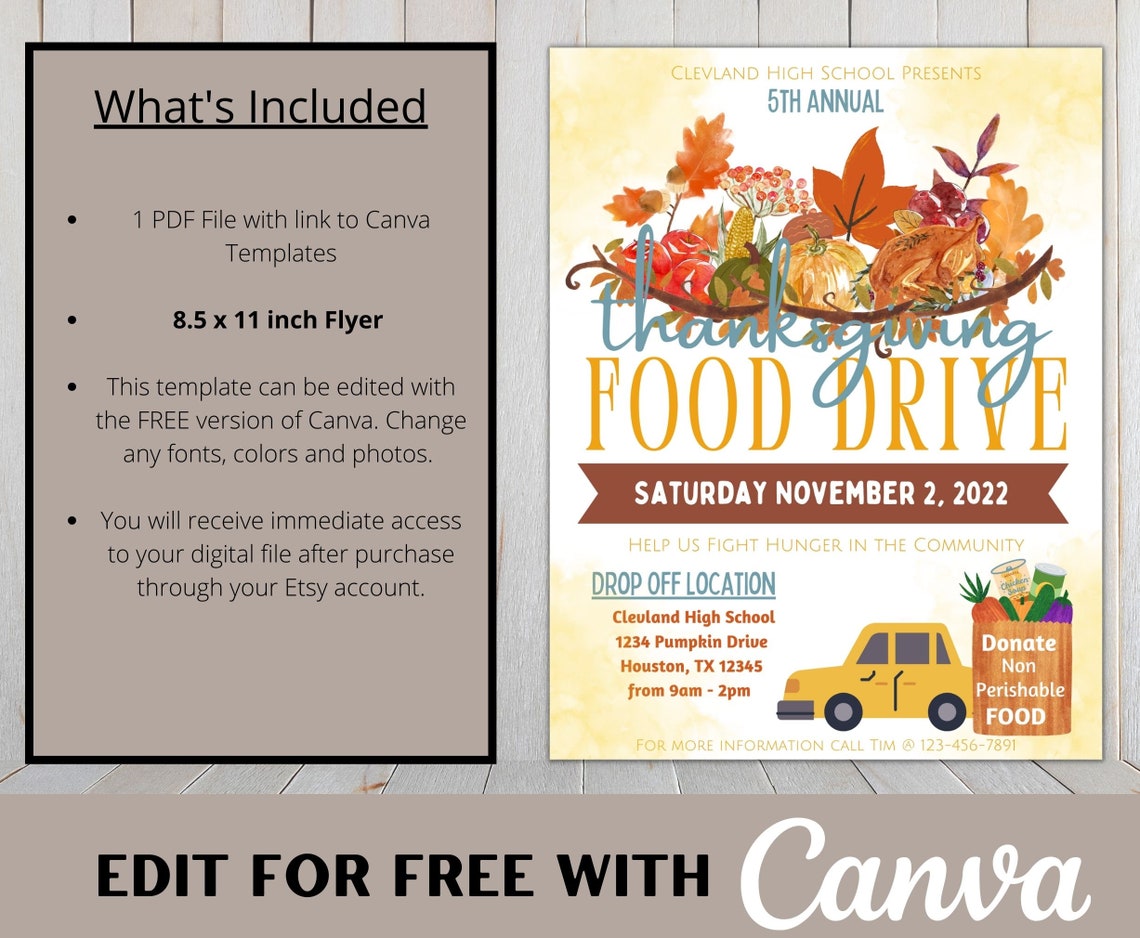Thanksgiving Food Drive Event Flyer. Canva Template for - Etsy