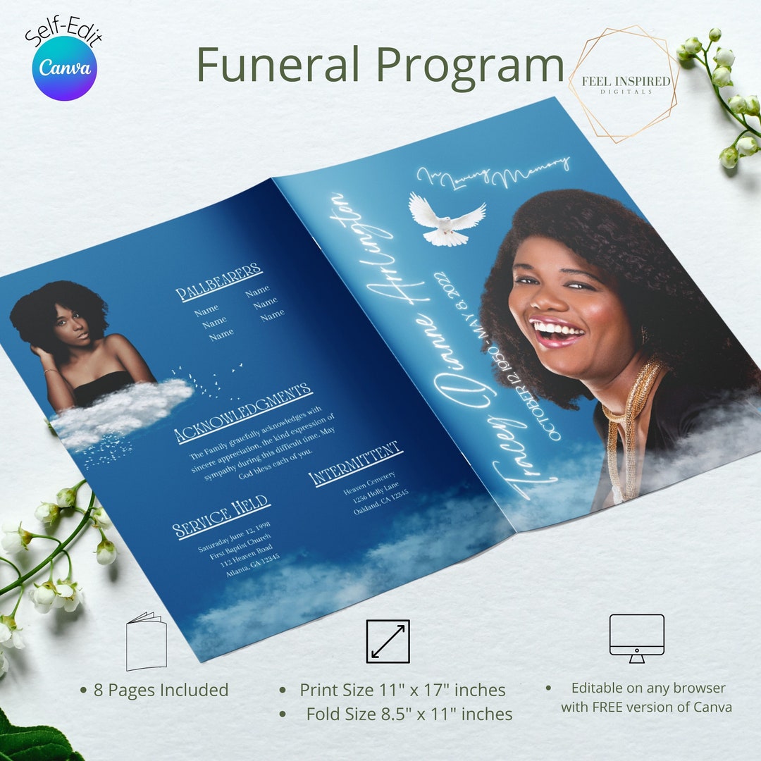 Elegant Blue Funeral Program With Clouds, Tabloid Template, Obituary ...
