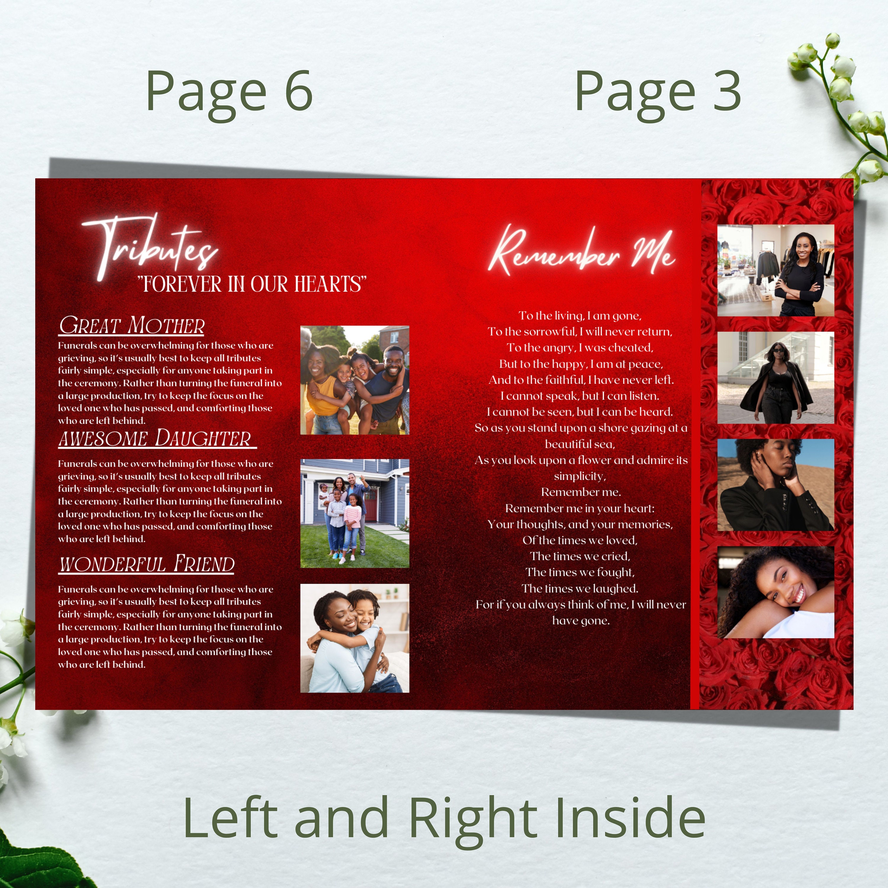 Red Roses Funeral Program Template: Celebration of Life (8 Pages, Canva ...