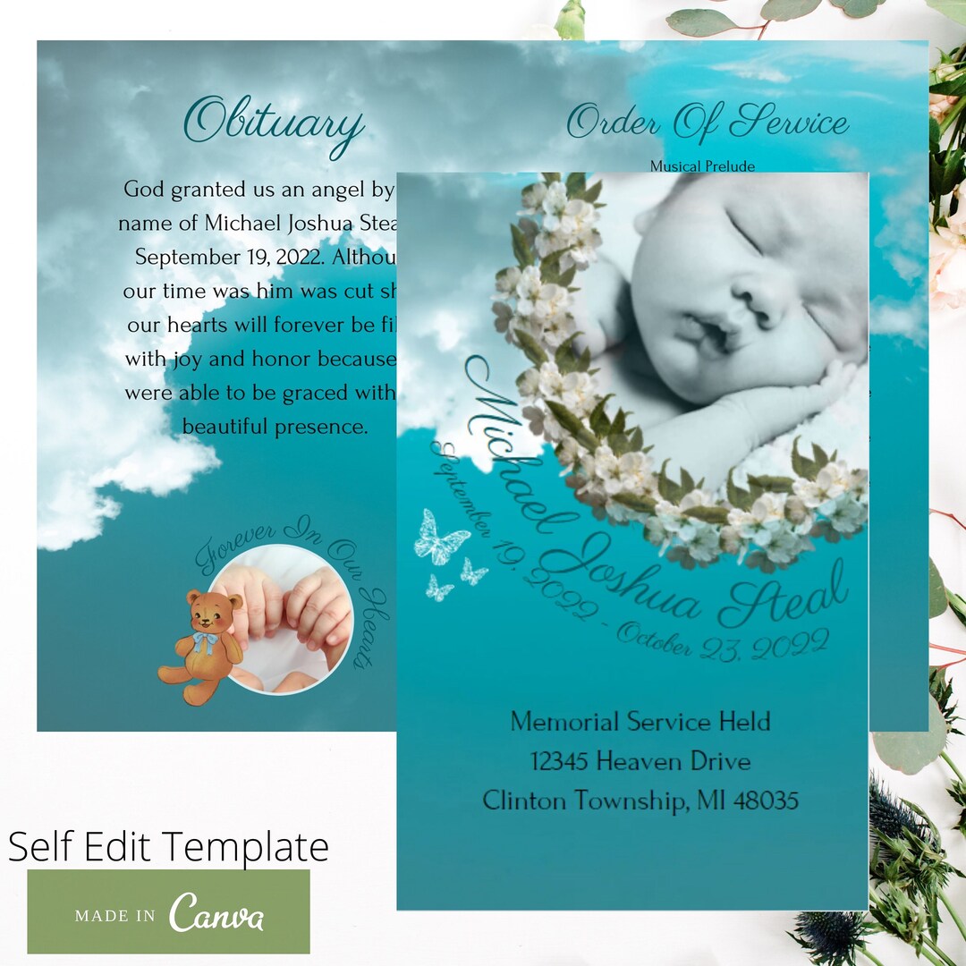 Buy Blue Children Funeral Program Template, Obituary With Clouds for ...