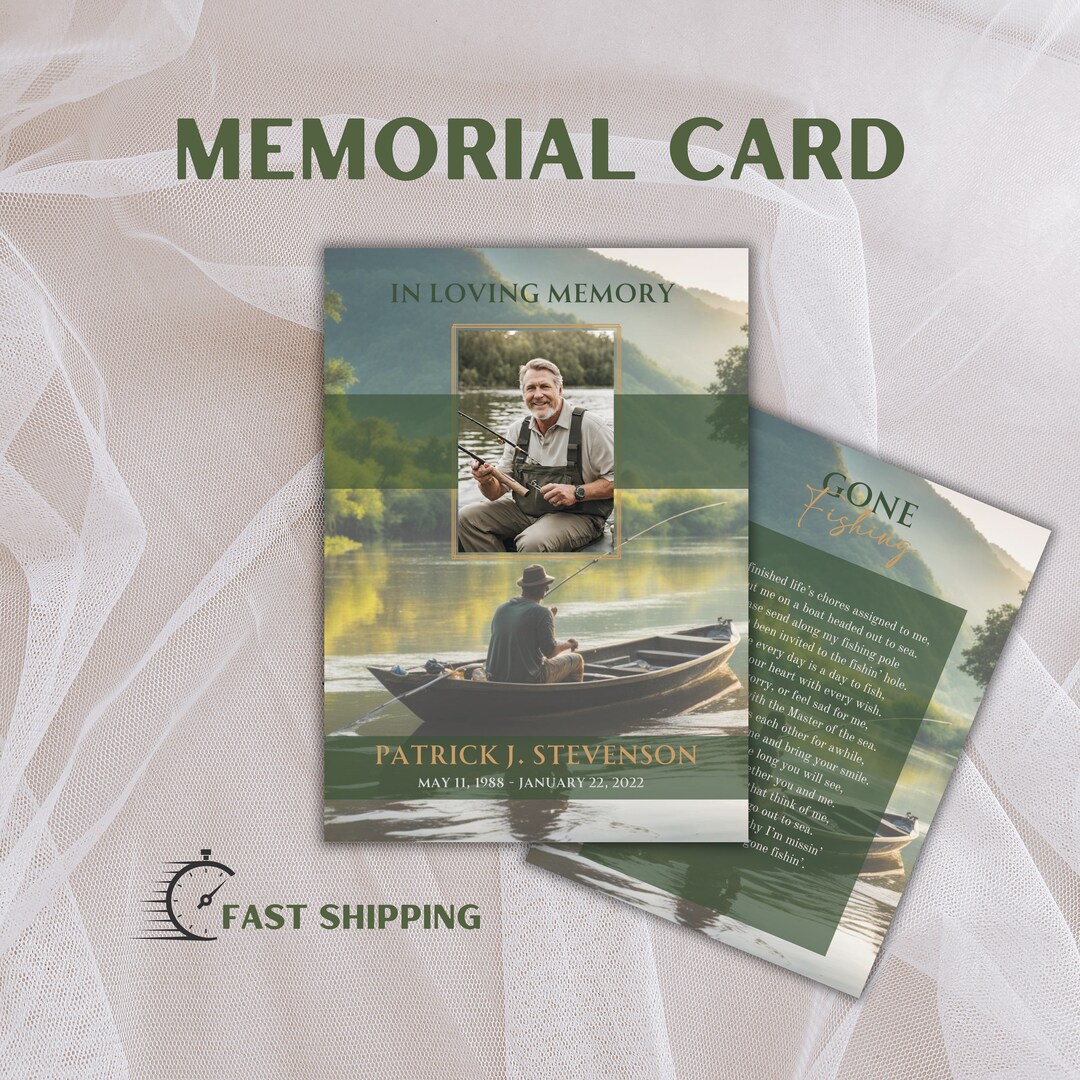 Printed Gone Fishing Memorial Card Personalized Custom Funeral Prayer ...