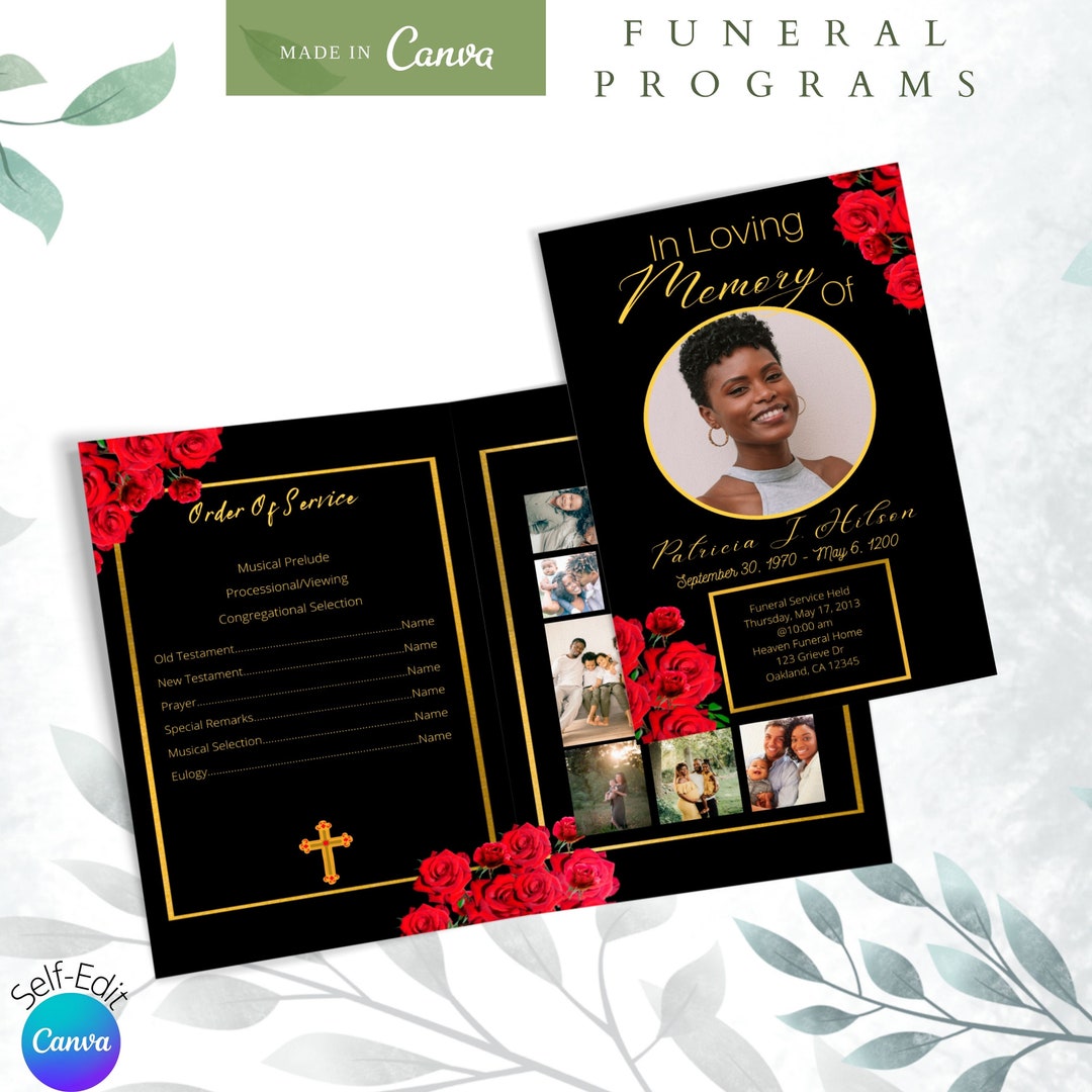 Red Roses Funeral Program Template: Black & Gold, 8-page (canva ...