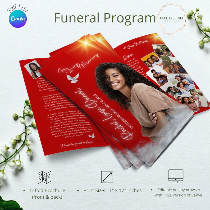 Tri-fold Red Funeral Program With Clouds. Tabloid Size 17x11 - Etsy