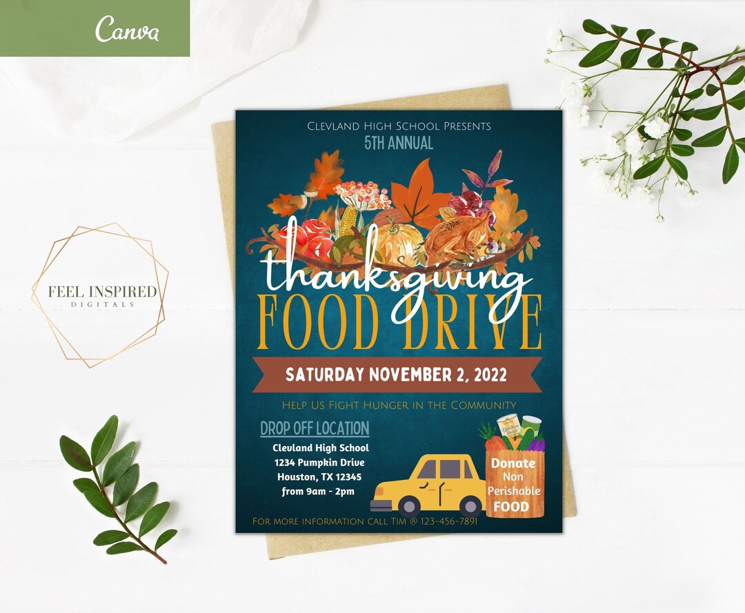 Thanksgiving Community Food Drive Flyer, Fall Autumn Hunger Drive Canva ...