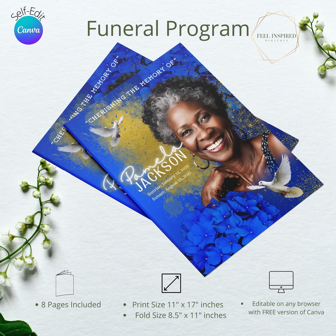 Blue & Gold Funeral Program Template: Celebration of Life (digital ...