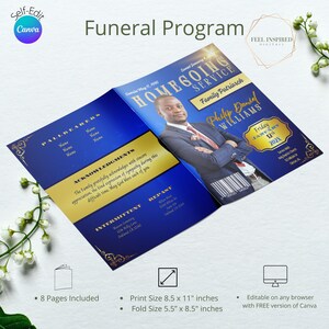 Blue and Gold Homegoing Celebration Funeral Program, Tabloid Template ...