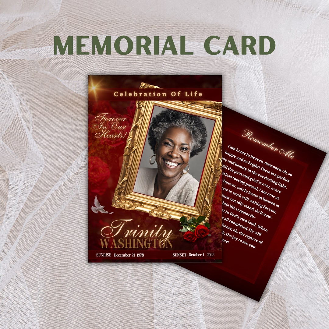 Personalized Memorial/prayer Cards | Red Rose and Gold Frame| Custom ...