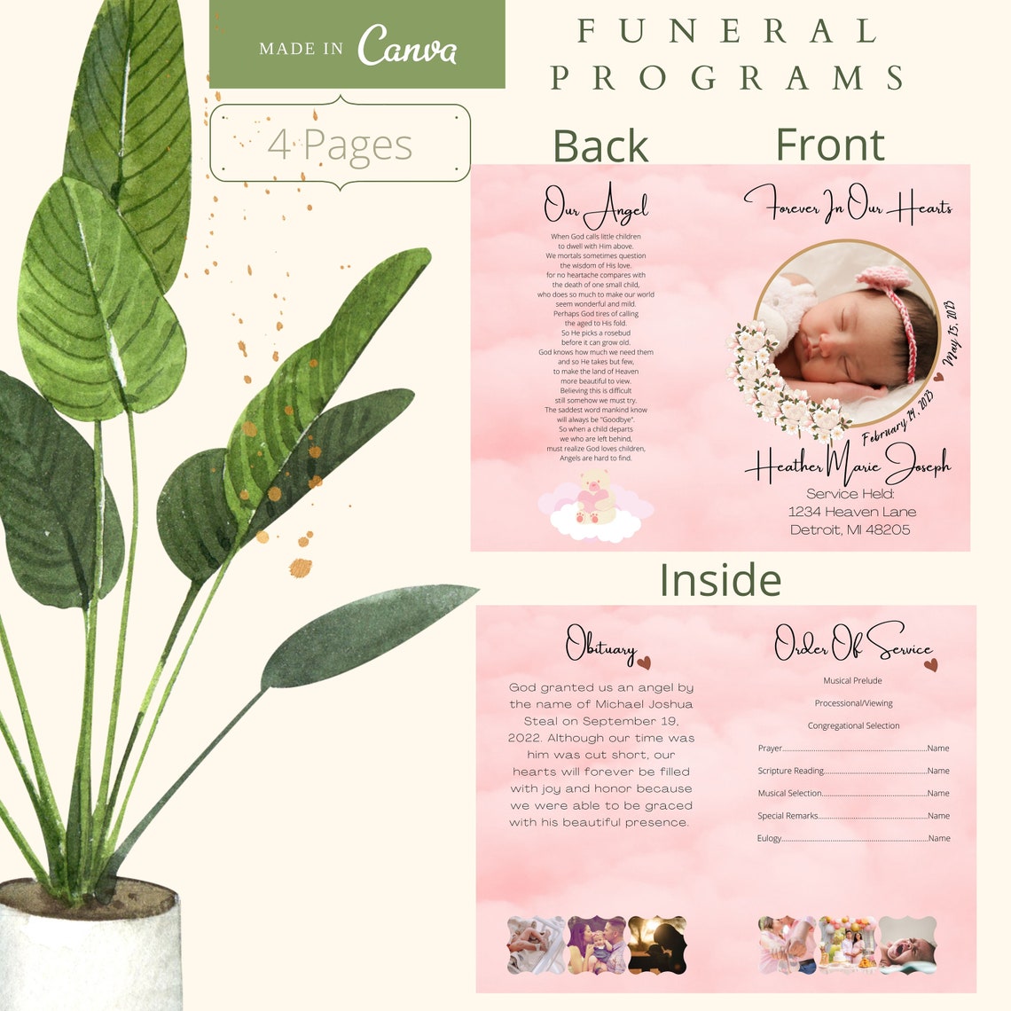 Baby/child Funeral Program Template Girl/female Obituary - Etsy