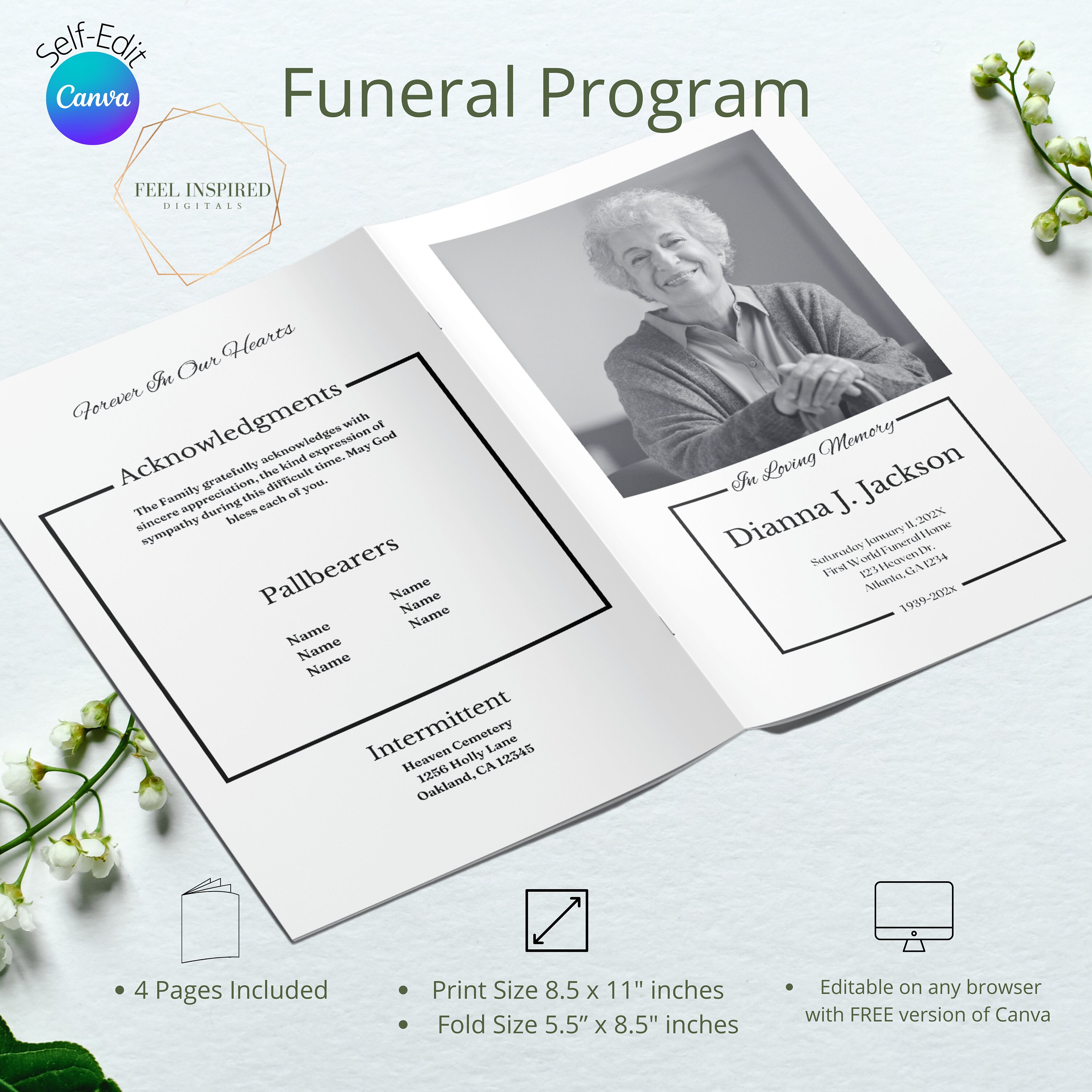 Editable in Loving Memory Memorial Program Funeral Program - Etsy