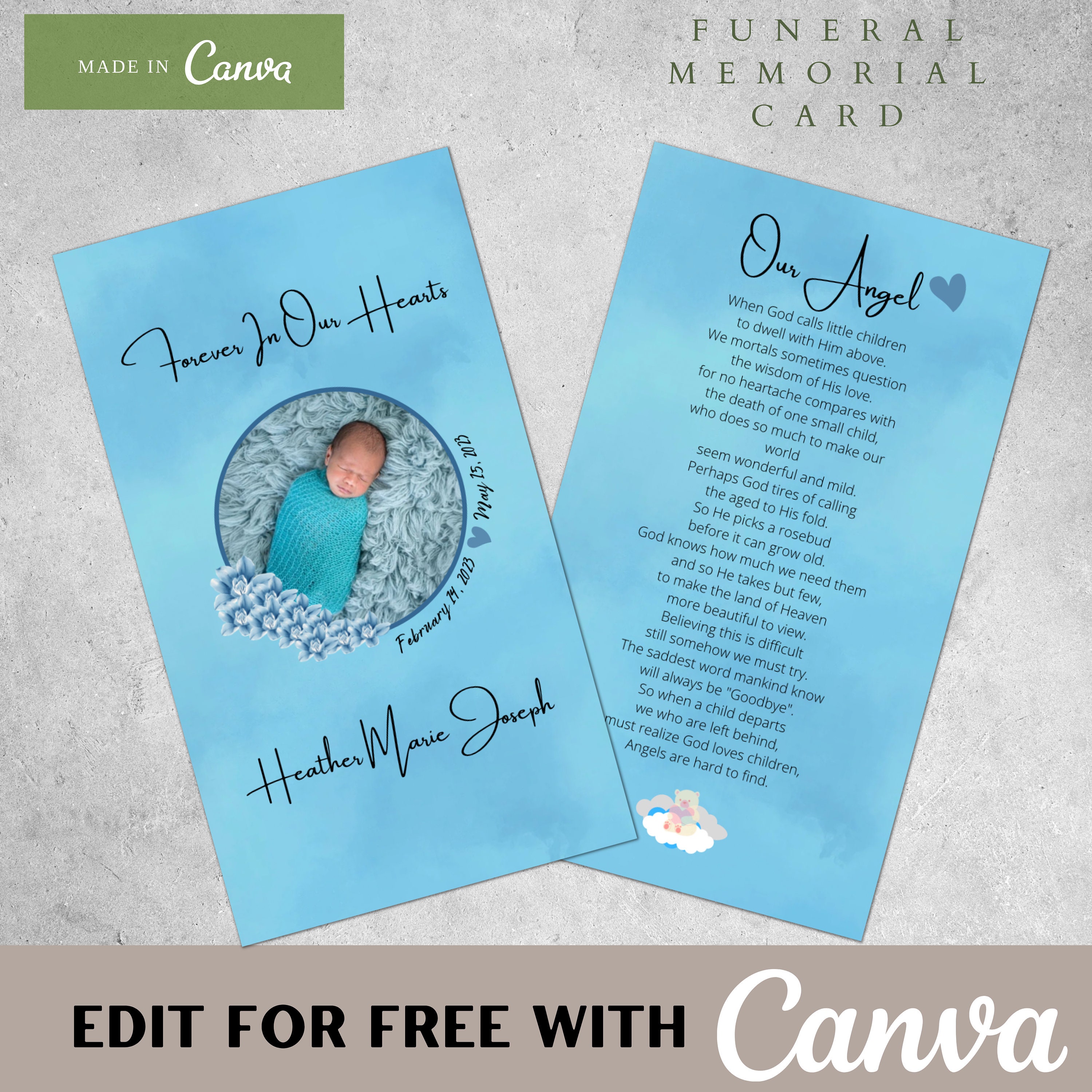 Blue Baby Memorial Prayer Card. Canva Template. Infant/child Funeral ...