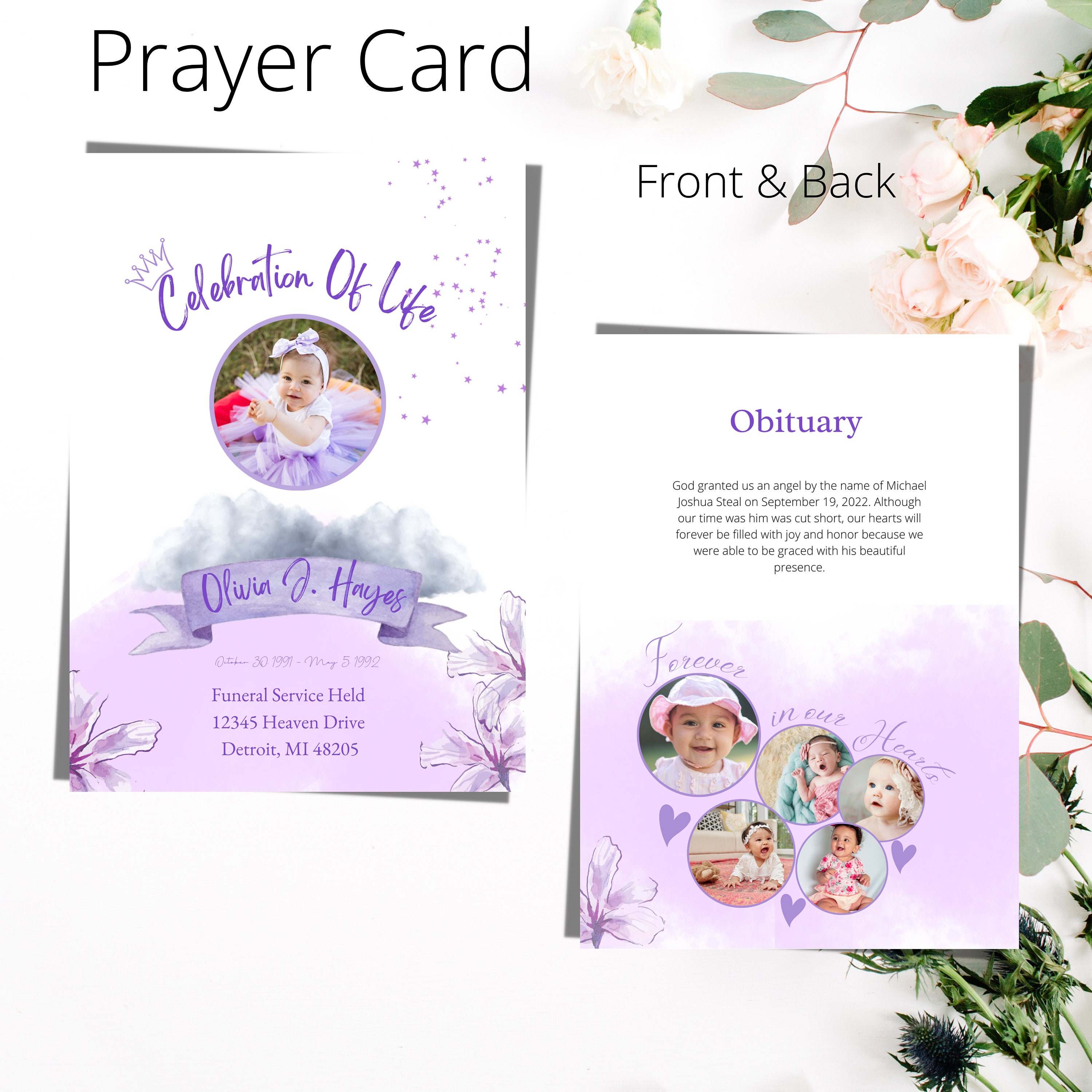 Purple Baby Girl Memorial Prayer Card. Canva Template. Infant/child ...
