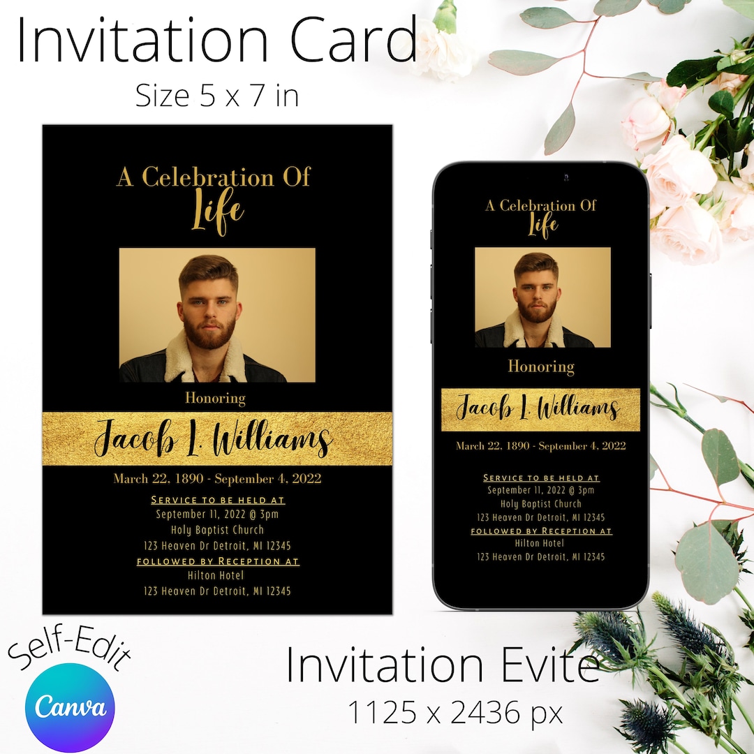 Black and Gold Funeral Invitation. Celebration of Life Invite. - Etsy