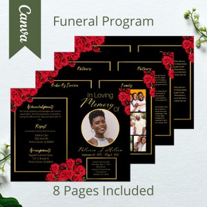Red Roses Funeral Program Template: Black & Gold, 8-page (canva ...