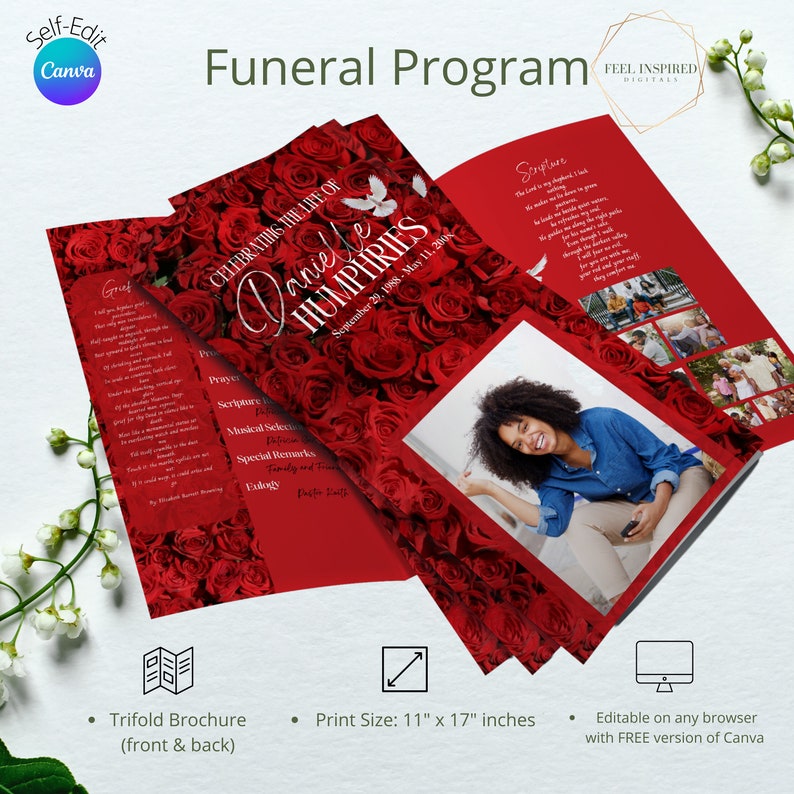Tri-fold Red Roses Funeral Program. Obituary Size 17x11 Inches ...