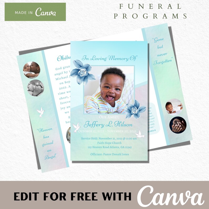 Blue Baby Funeral Program. Child Stillborn Memorial Canva - Etsy