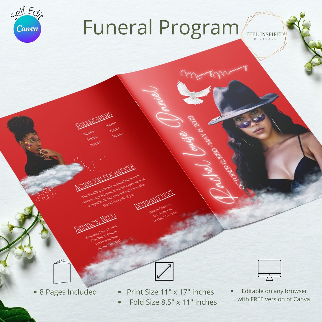 Red Clouds Funeral Program Template: 8-page Magazine Style Obituary ...