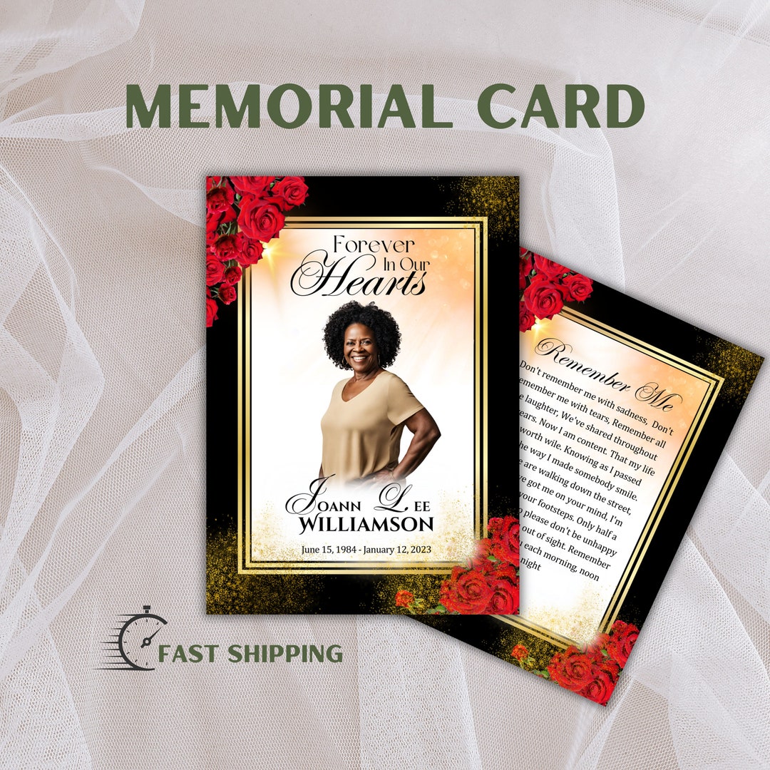 Personalized Memorial Card Red Roses Printed Custom Funeral Prayer ...