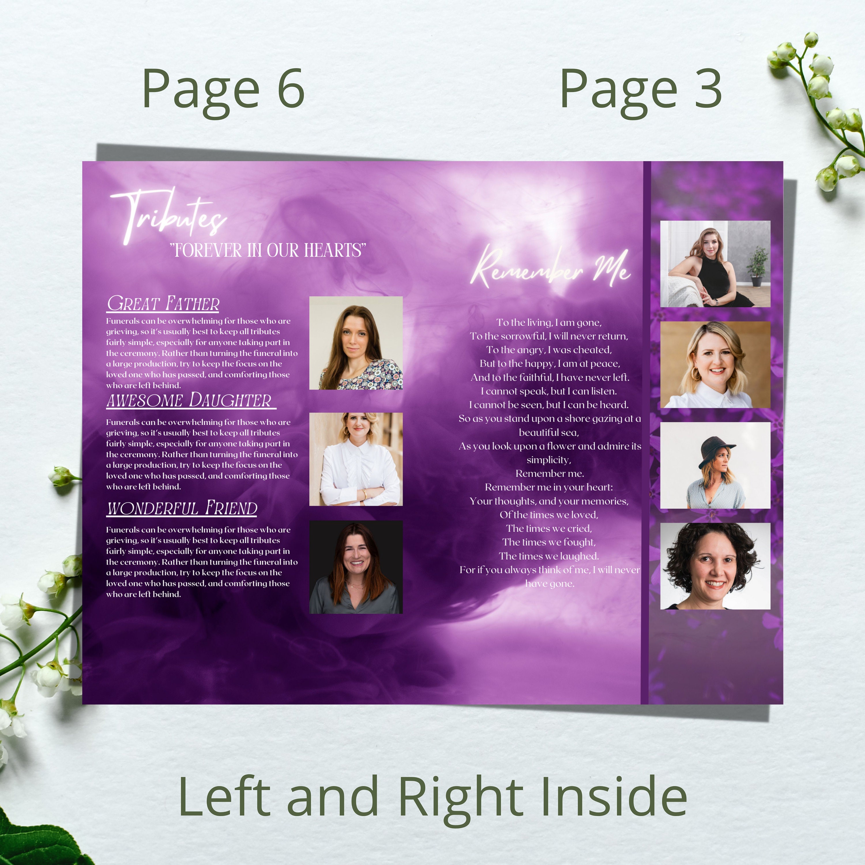8 Page Purple Funeral Program. Canva Template Size 17x11. Celebration ...