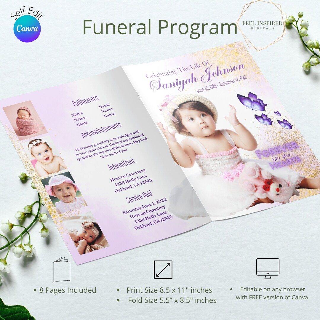 Purple Butterfly & Gold Baby/child Funeral Program, Tabloid Template ...