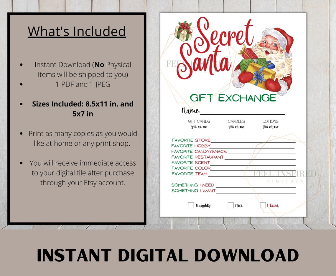 Printable Secret Santa Gift Exchange Questionnaire. Gift Ideas - Etsy