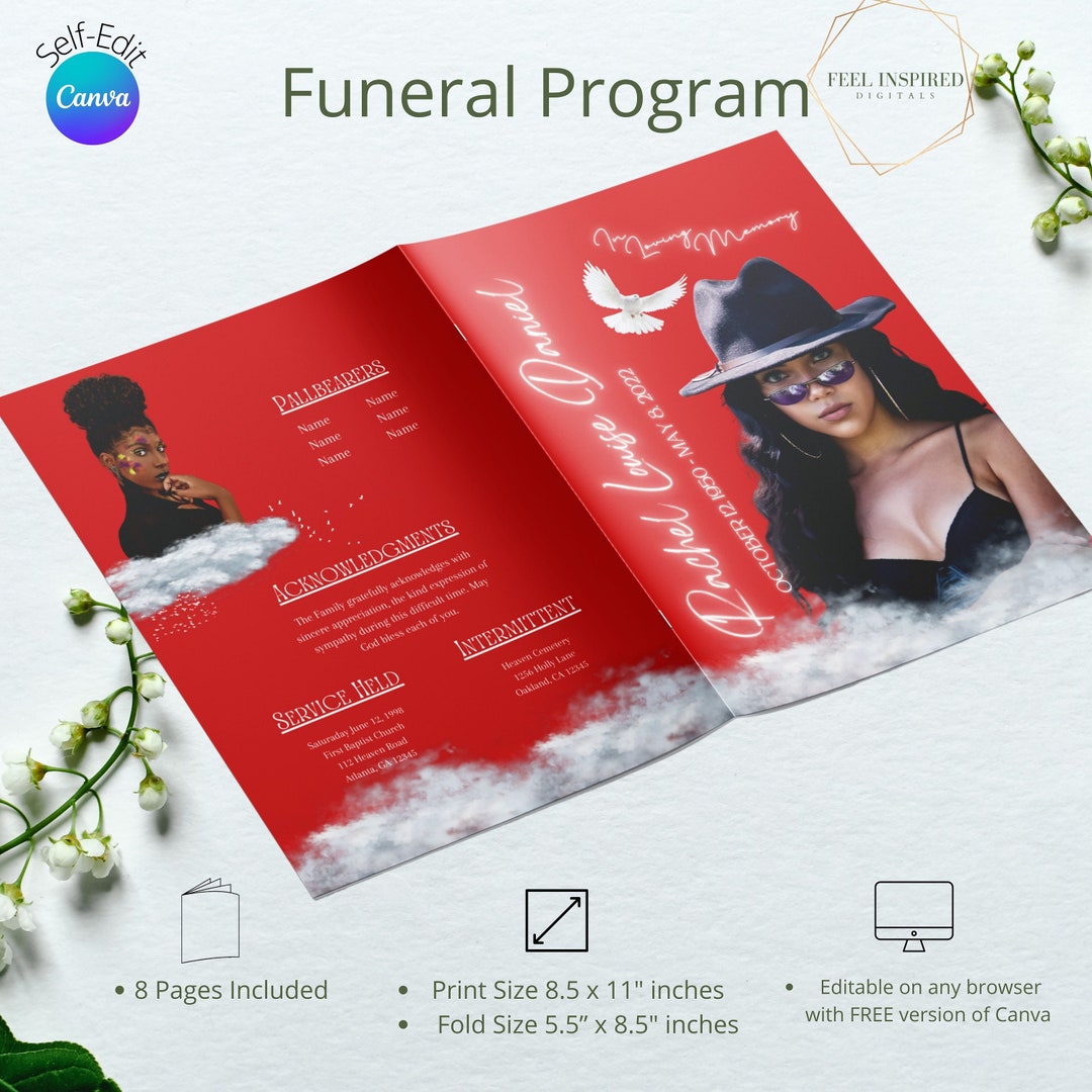 Elegant Red Funeral Program Template: Clouds Design (8.5x11, 8 Pages ...
