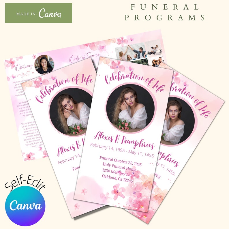 Pink Trifold Funeral Program, Canva Template - Etsy