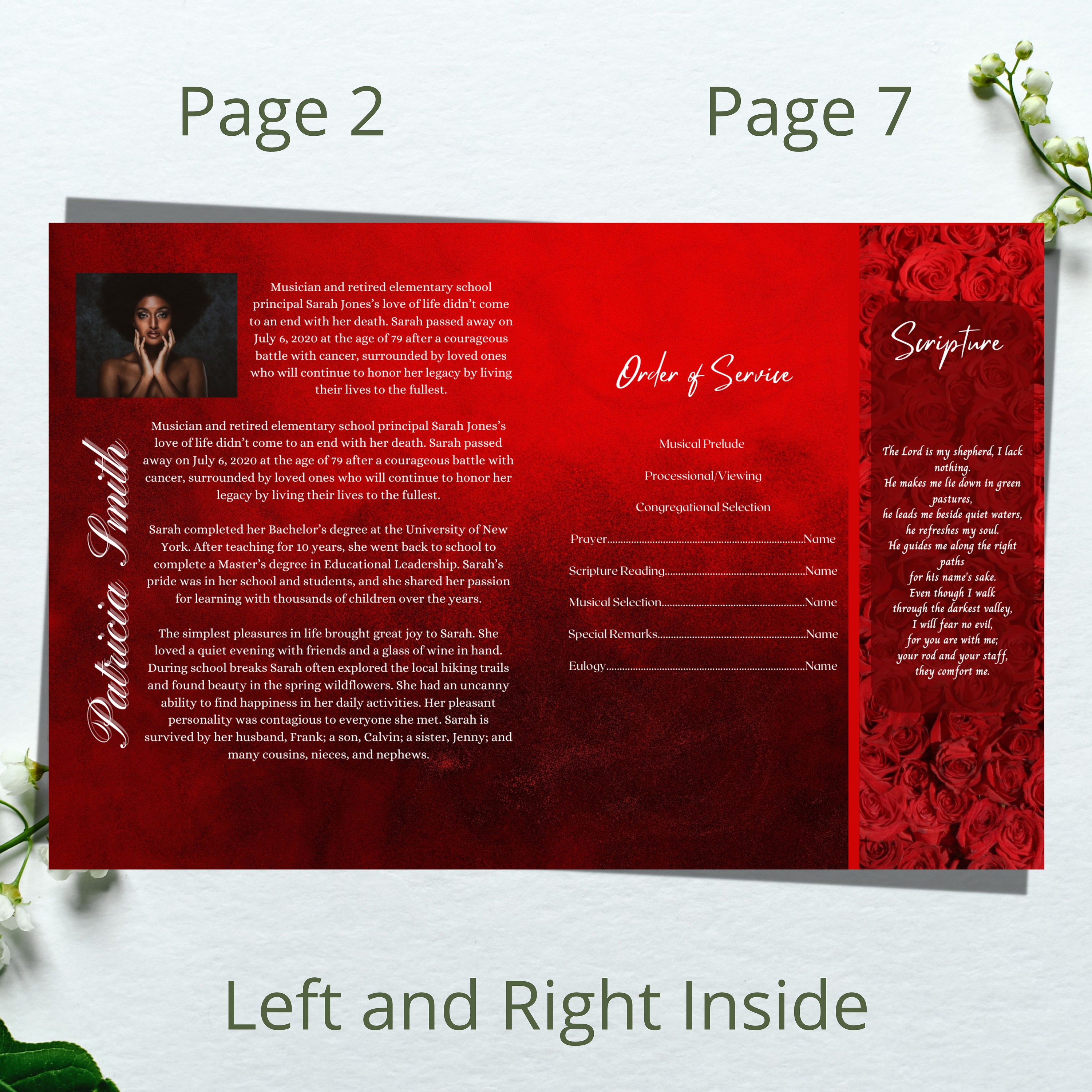 Red Roses Funeral Program Template: Celebration of Life (8 Pages, Canva ...