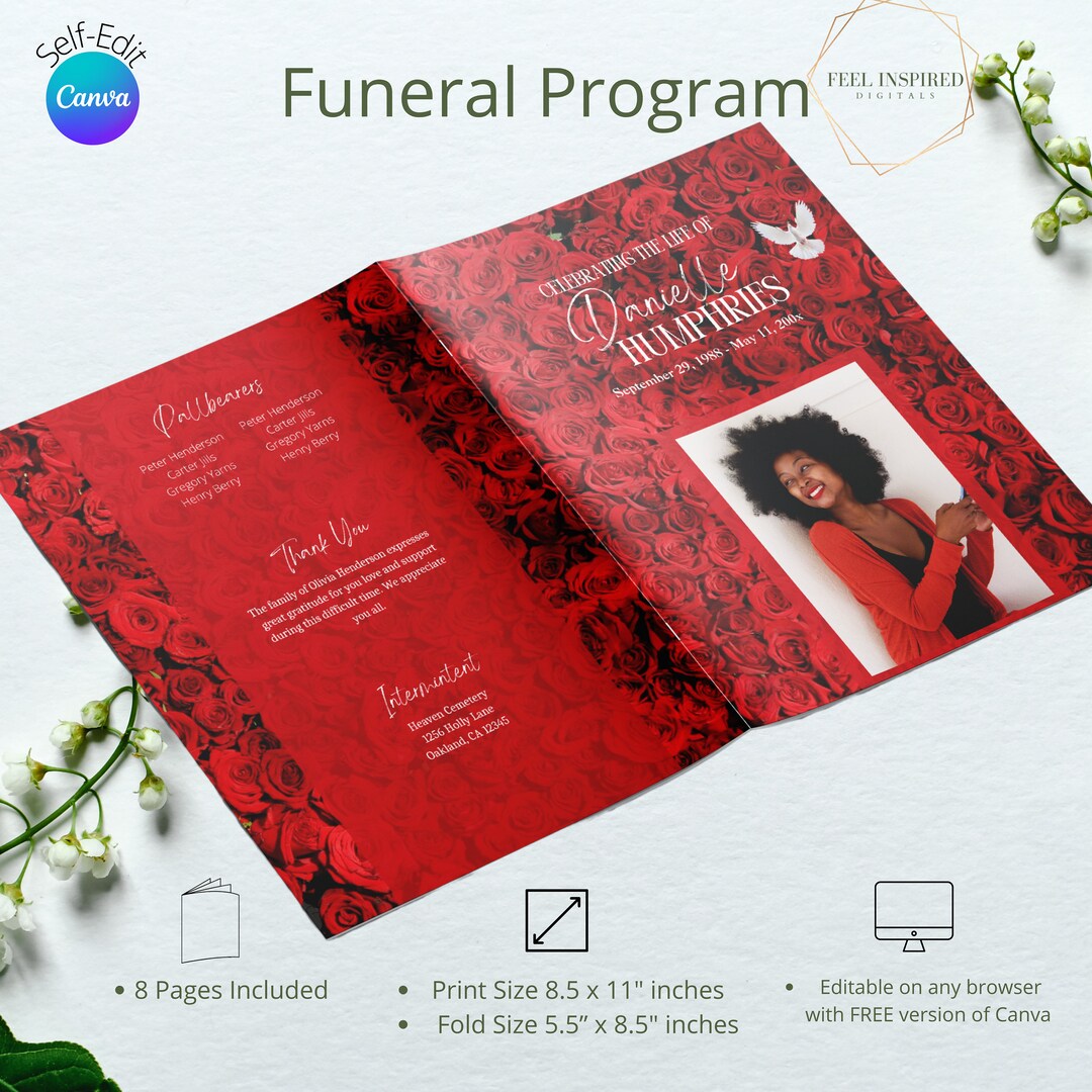 Red Roses Obituary Funeral Program Booklet. Size 8.5x11 Magazine Style ...