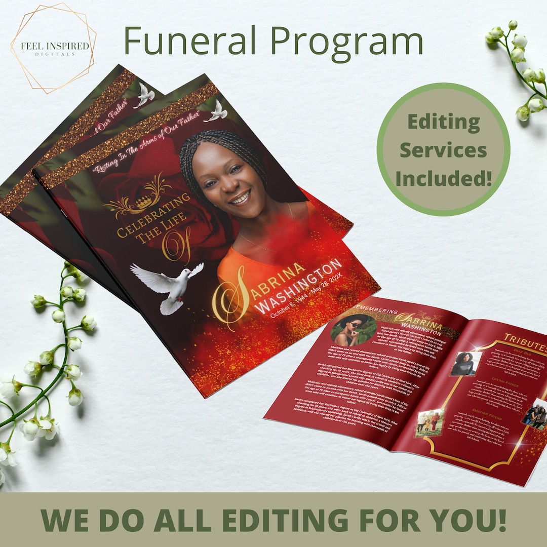 Funeral Program | Red Roses and Gold Obituary | 8 Pages Magazine Style ...