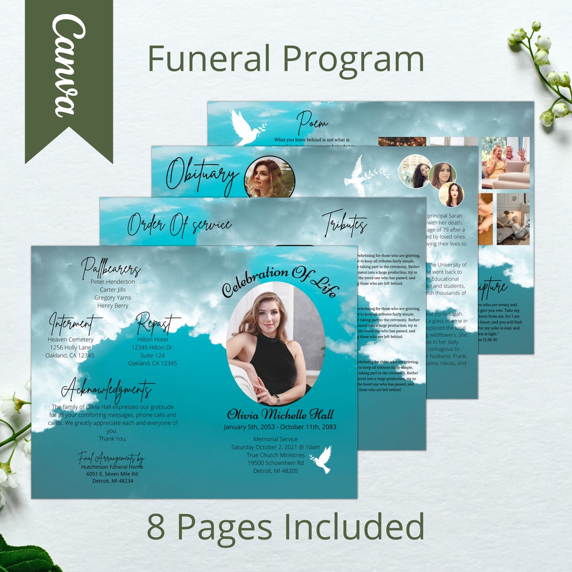 Blue Funeral Program Template. Memorial Service Program With - Etsy