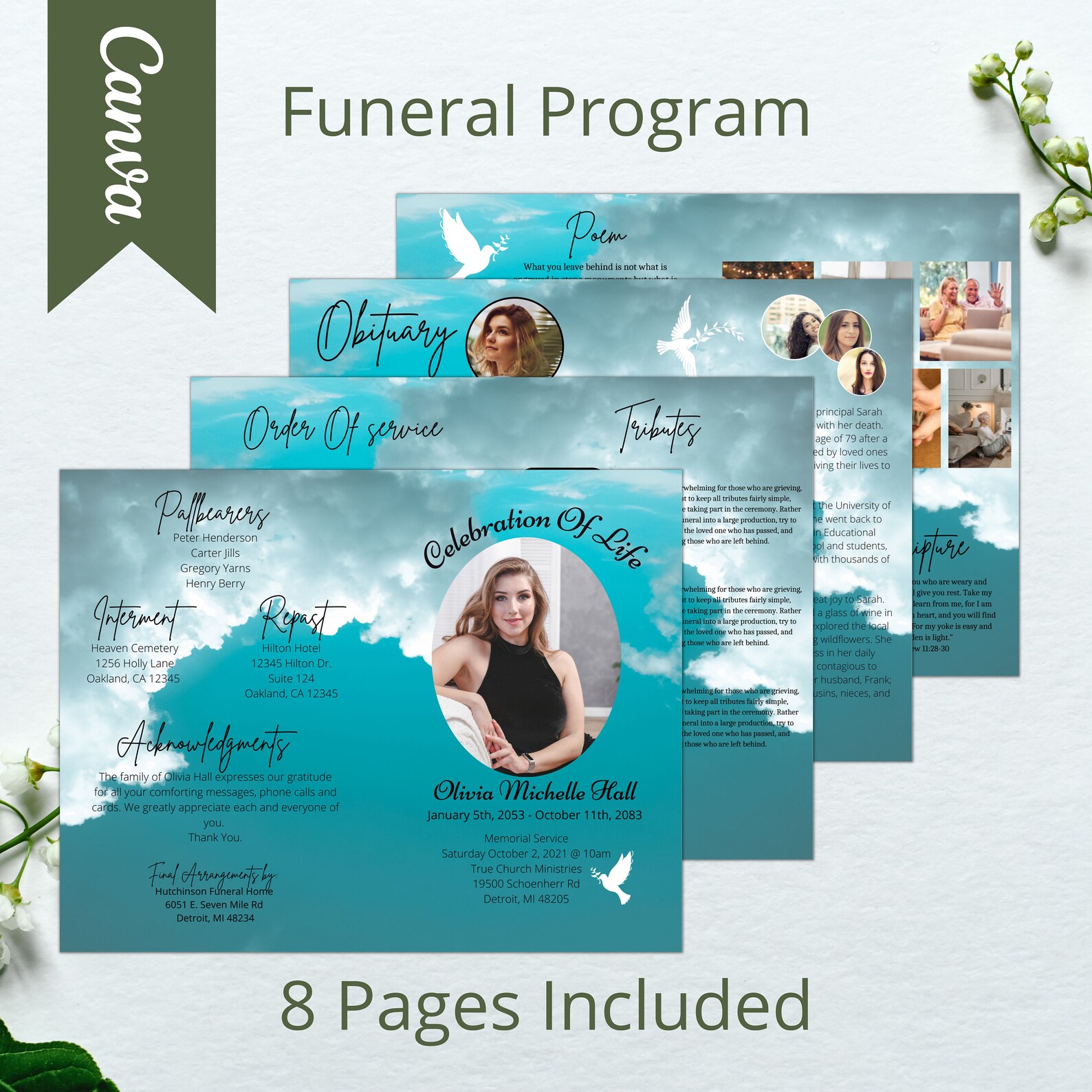 Blue Funeral Program Template. Memorial Service Program With - Etsy