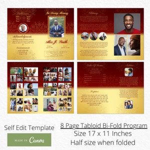 Red and Gold Tabloid Funeral Program. Canva Template. 8 Pages Magazine ...