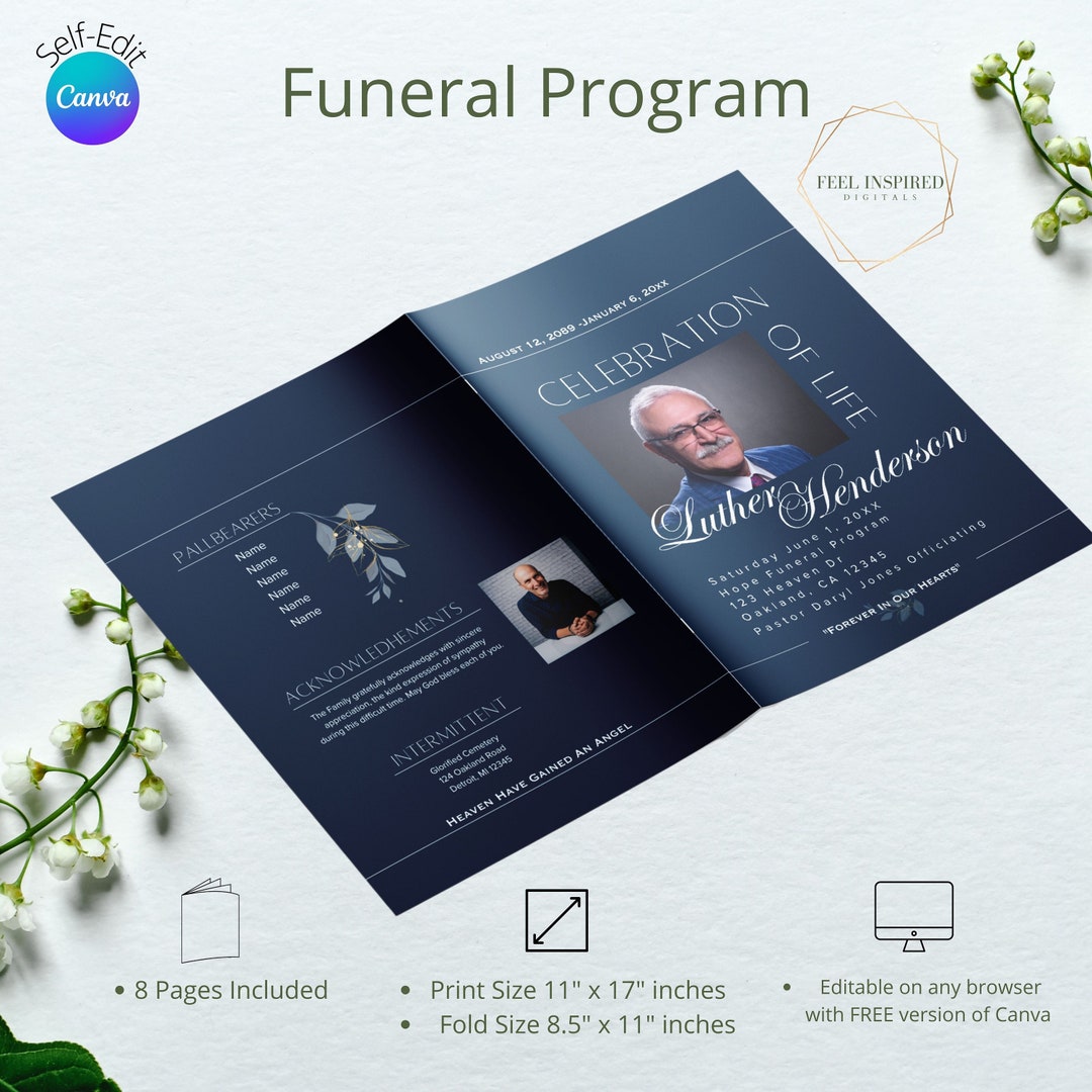 Blue Modern Funeral Program, Tabloid 8 Page Template, Obituary ...