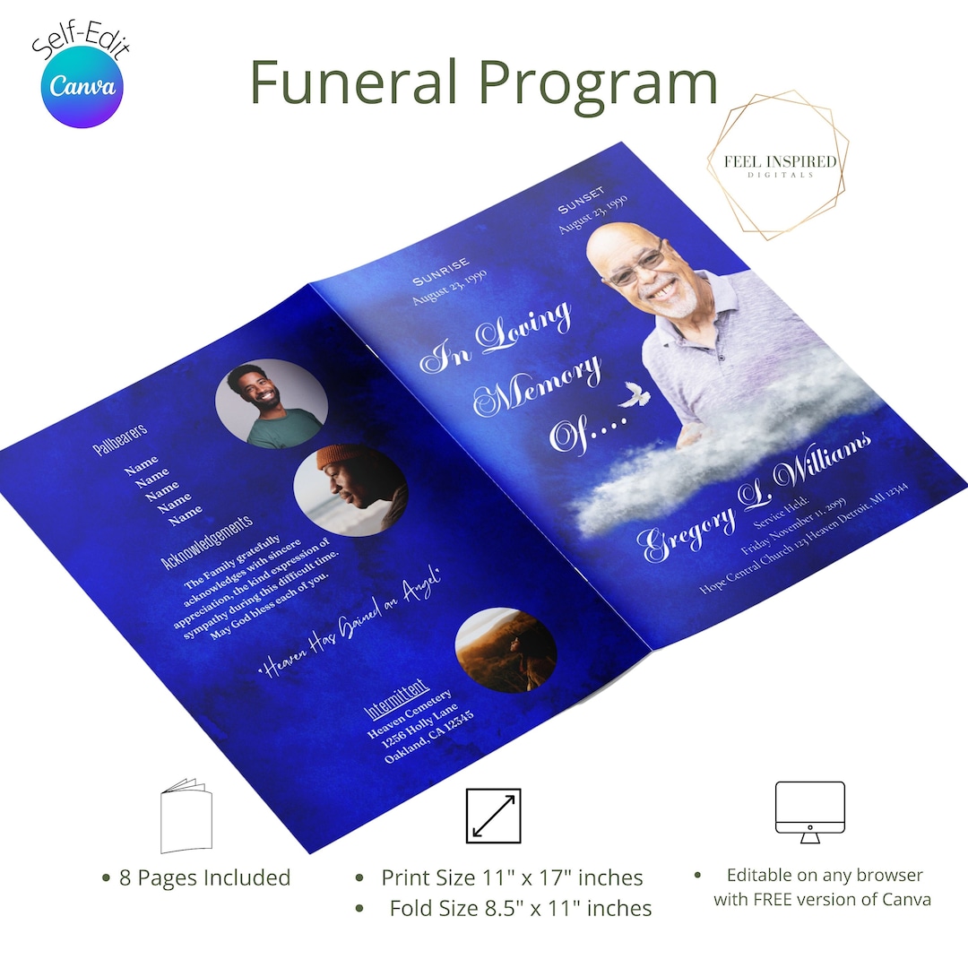 Royal Blue Clouds Funeral Program Template: Obituary Magazine (17x11 ...