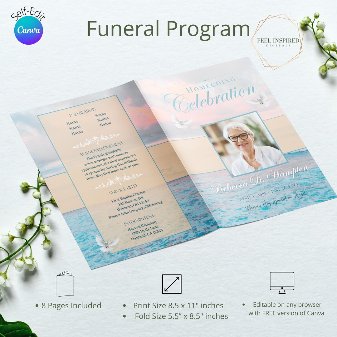 Sky and Ocean Funeral Program, Tabloid Template, Obituary, Magazine ...