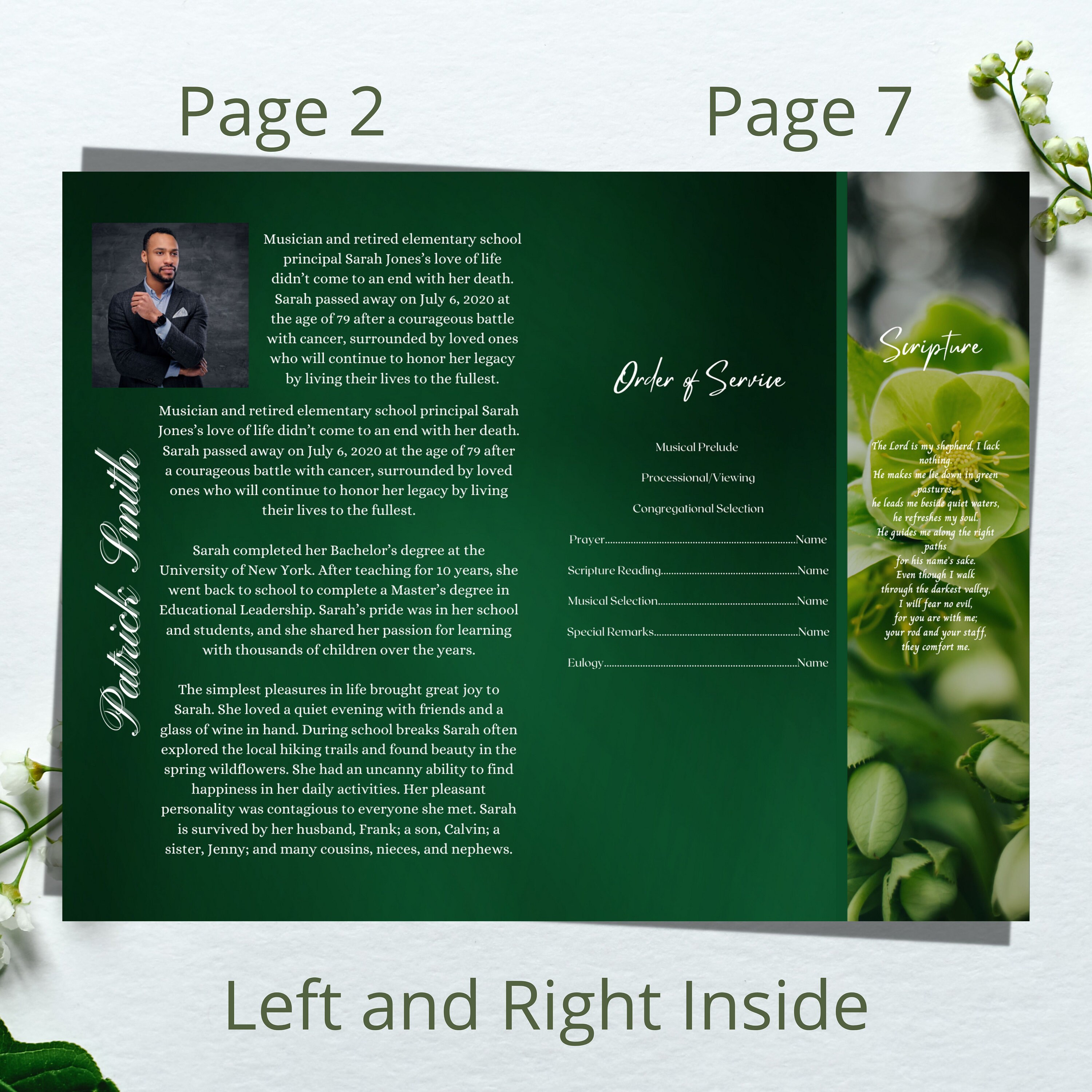 Regal Green Funeral Program Template: 8-page Magazine Style (8.5x11 ...