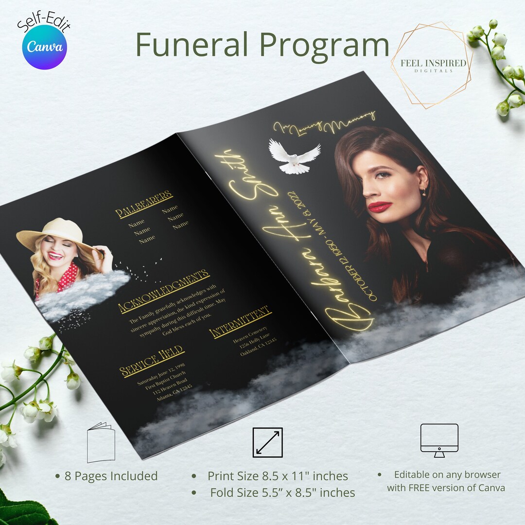 Elegant Black Funeral Program With Clouds, Tabloid Template, Obituary ...