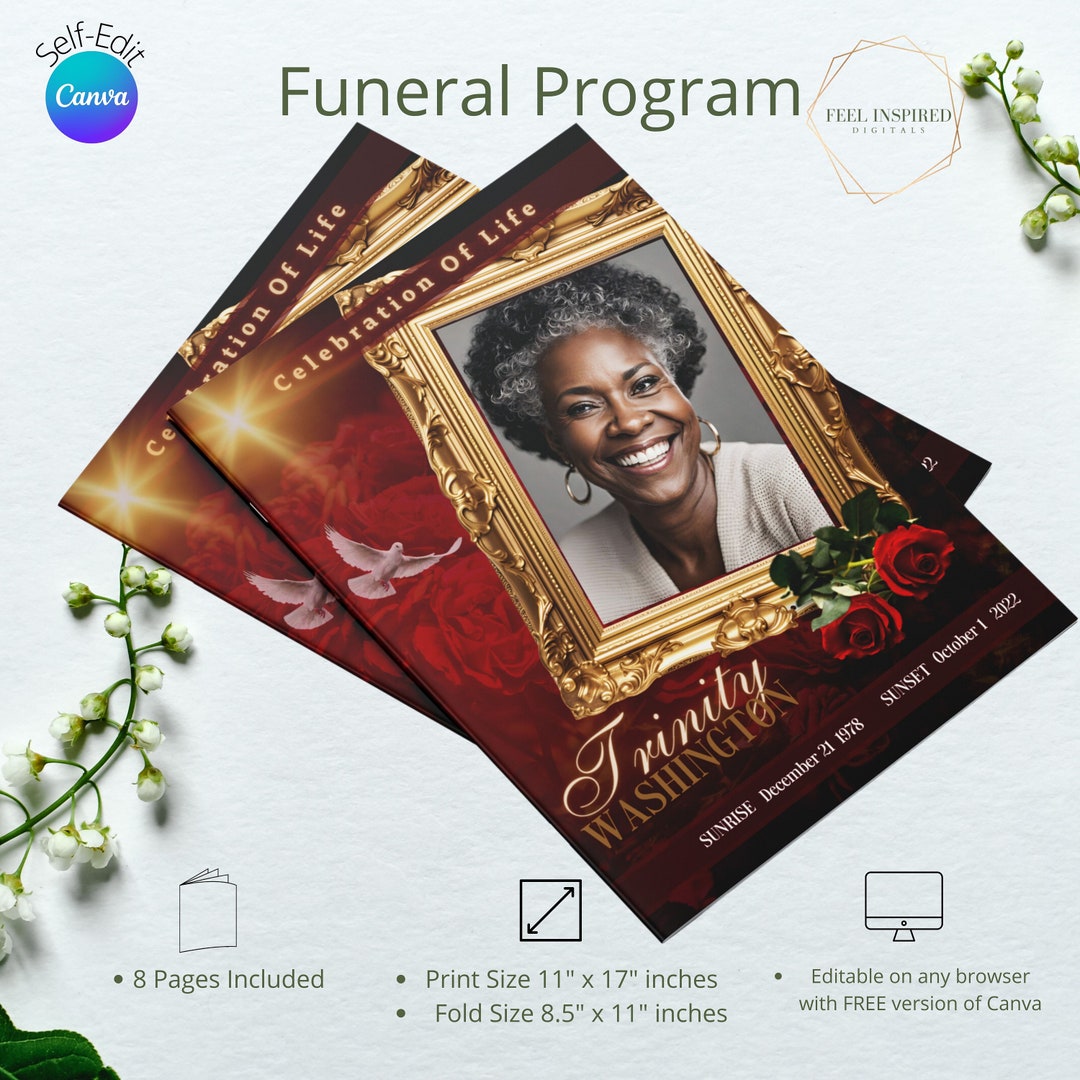 Funeral Program in Red and Gold, Canva Template, Red Roses in Loving ...
