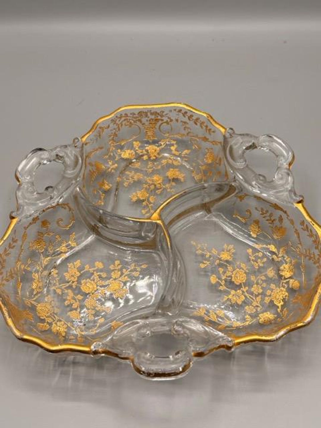 Victorian Style Gold Floral Candy Dish – Clear Pressed Glass – 3 ...