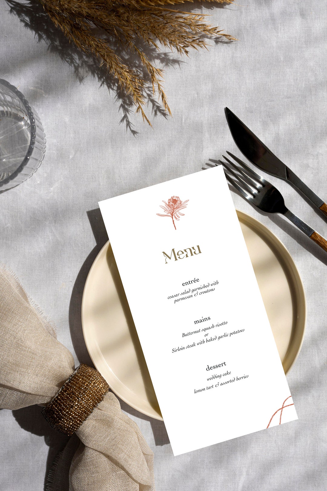 Boho Chic Minimalist Wedding Menu Card, Dinner / Lunch / Snack Menu for ...