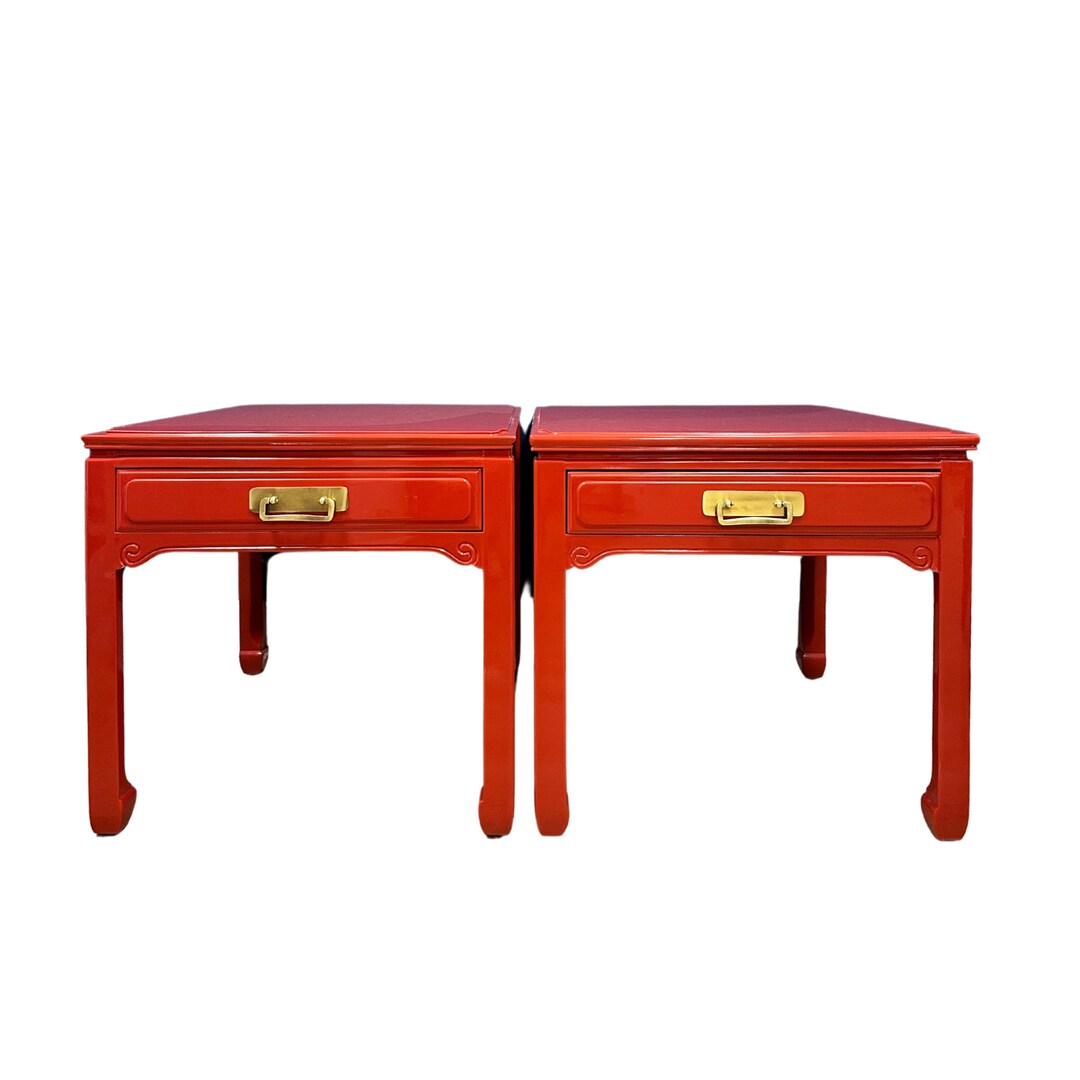 Chinoiserie Nightstand Set: Vintage Ming End Tables, Heritage Red ...